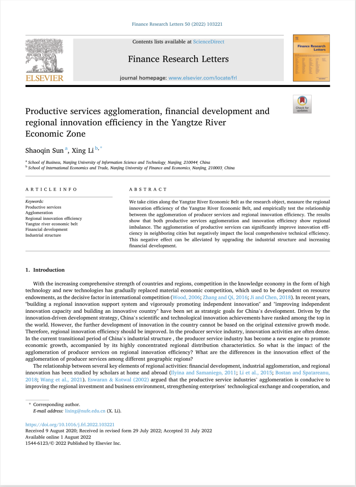 我院孙少勤教授在SSCI期刊《Finance Research Letters》上发表论文